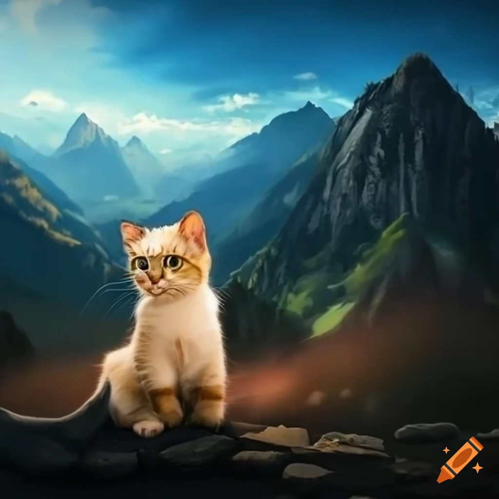 Mountain landscape with a small fantasy kitty