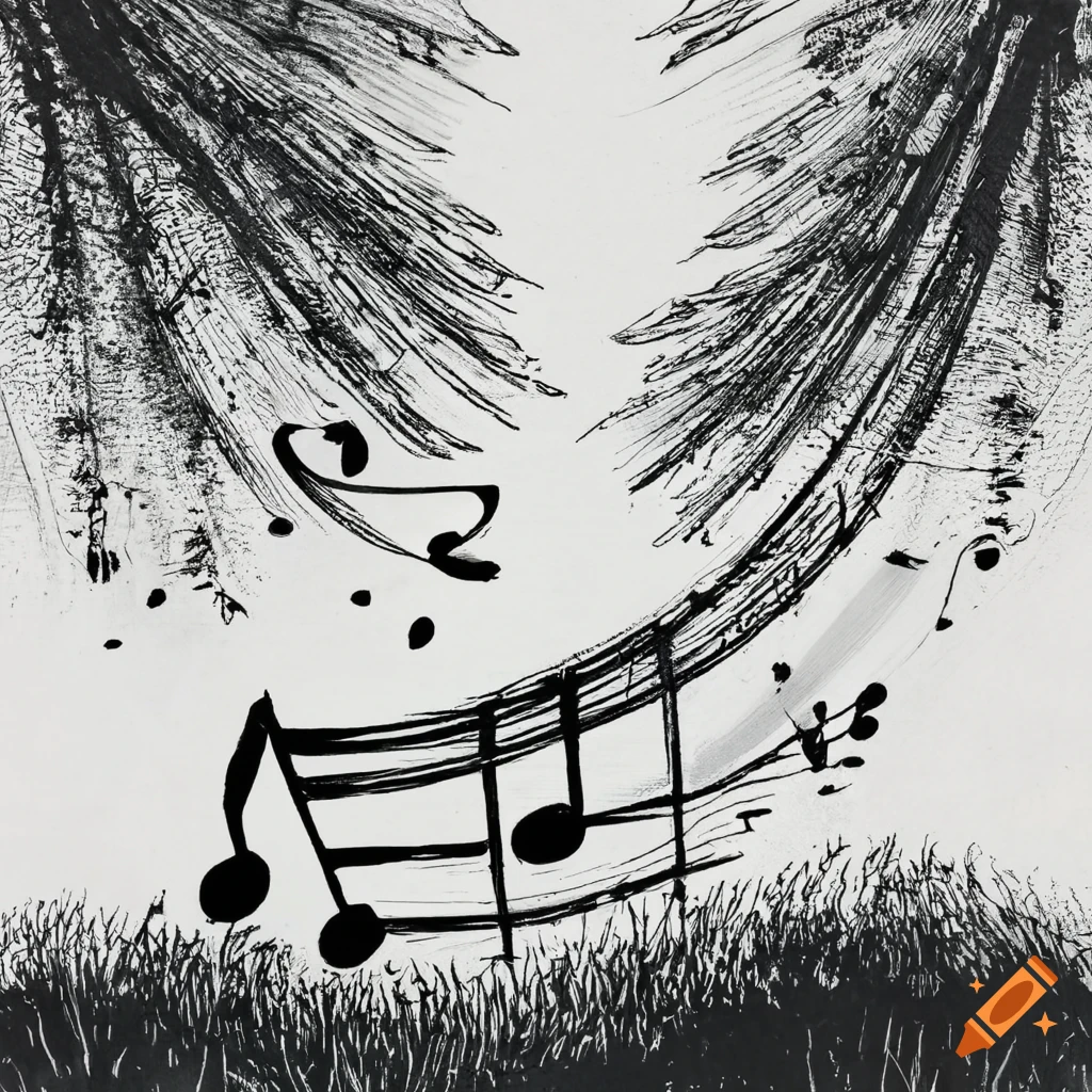 Ink drawing of musical notes and pine trees on Craiyon