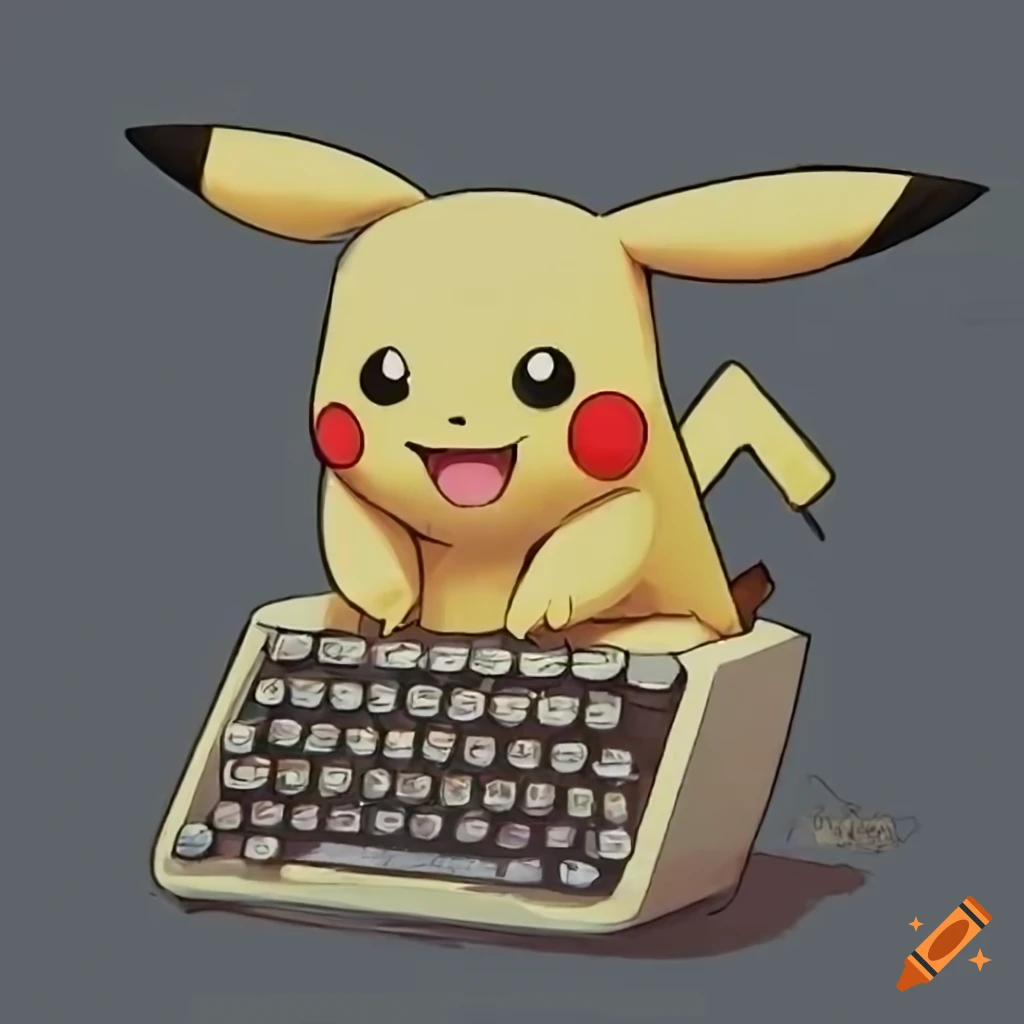 Humorous image of pikachu using a typewriter on Craiyon