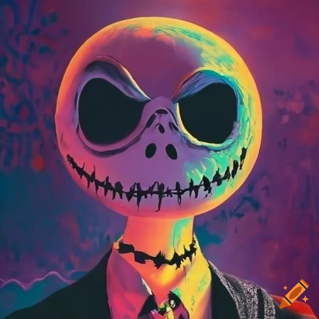 Illustration of jack skellington with a vibrant moon on Craiyon