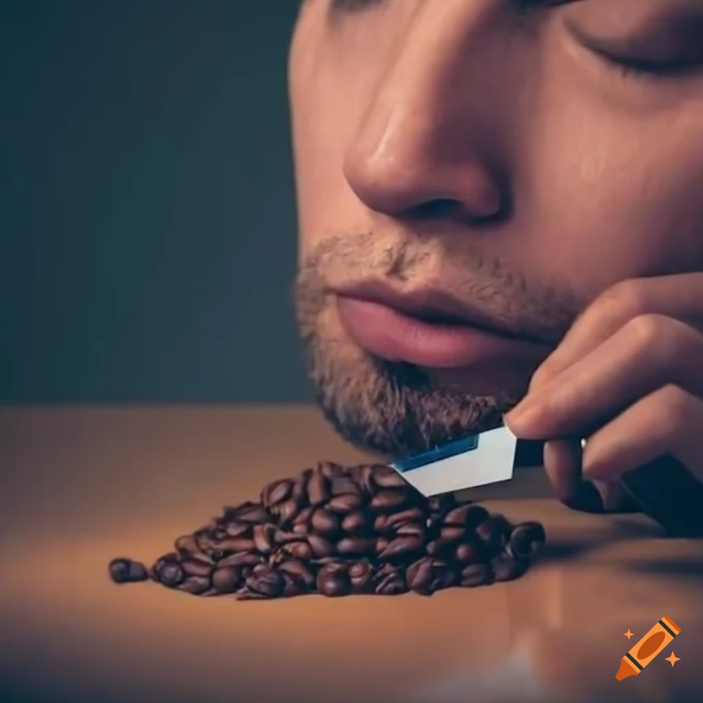 Man chopping roasted coffee beans on a mirrored surface on Craiyon