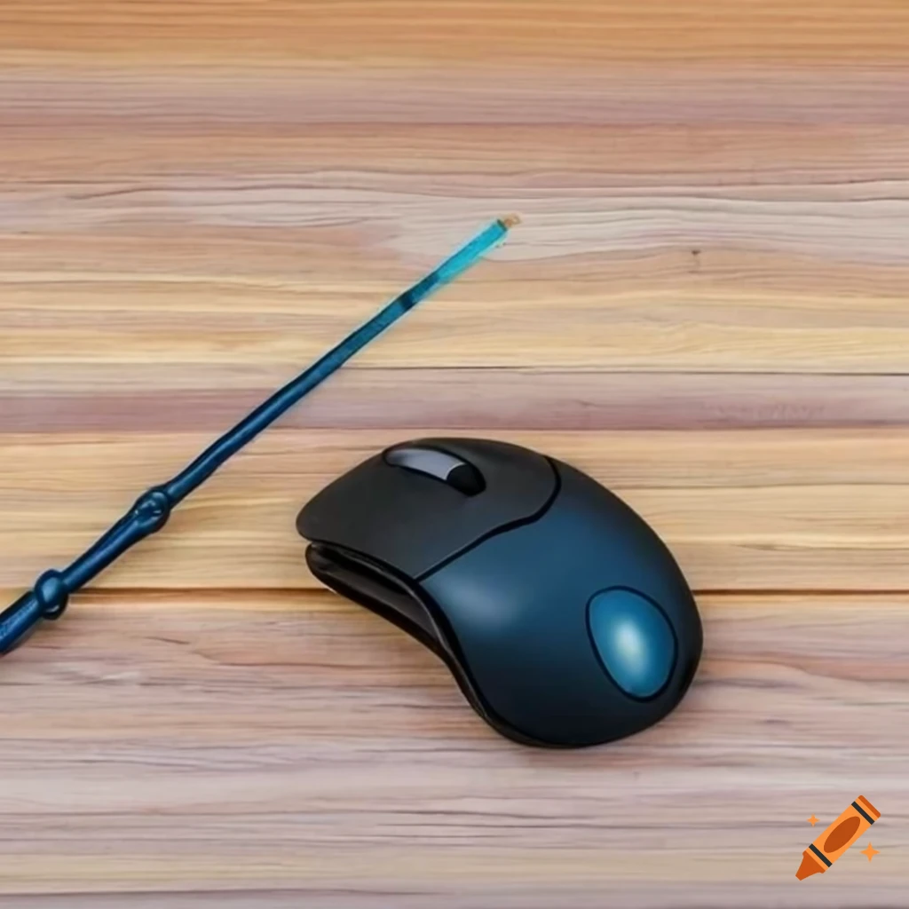 Computer mouse and magic wand on wooden background