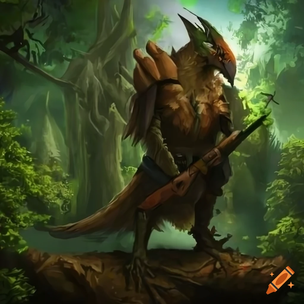Fantasy illustration of a bird soldier in a lush landscape on Craiyon