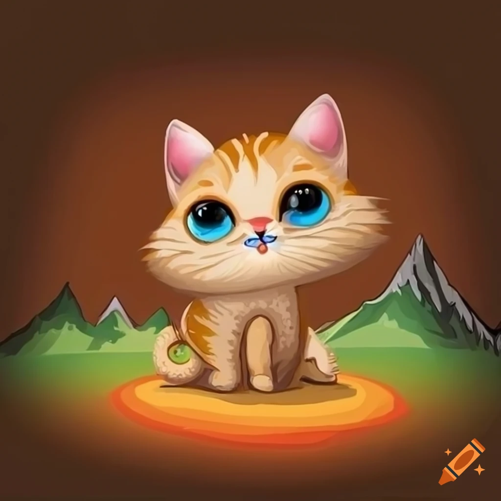 Cartoon cat admiring a mountain landscape