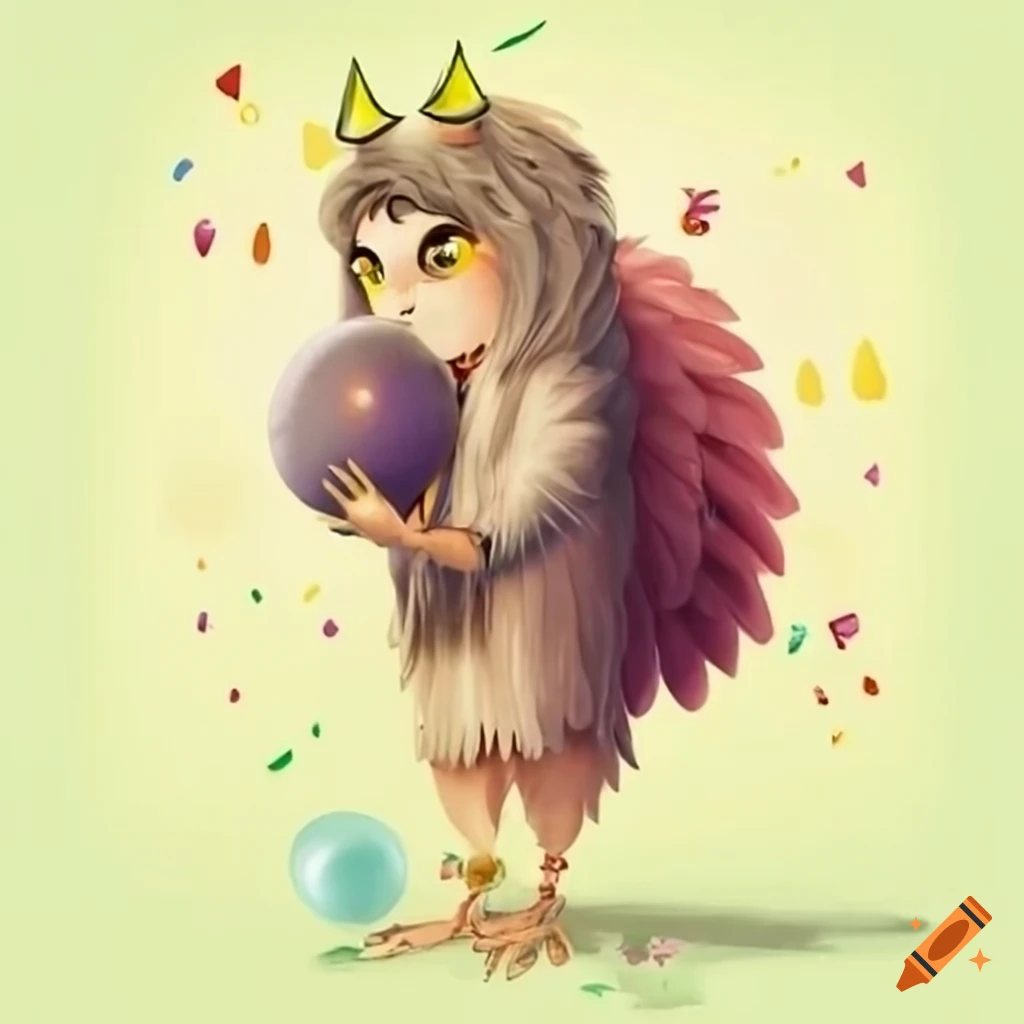 Happy Birthday card with a harpy holding a balloon on Craiyon
