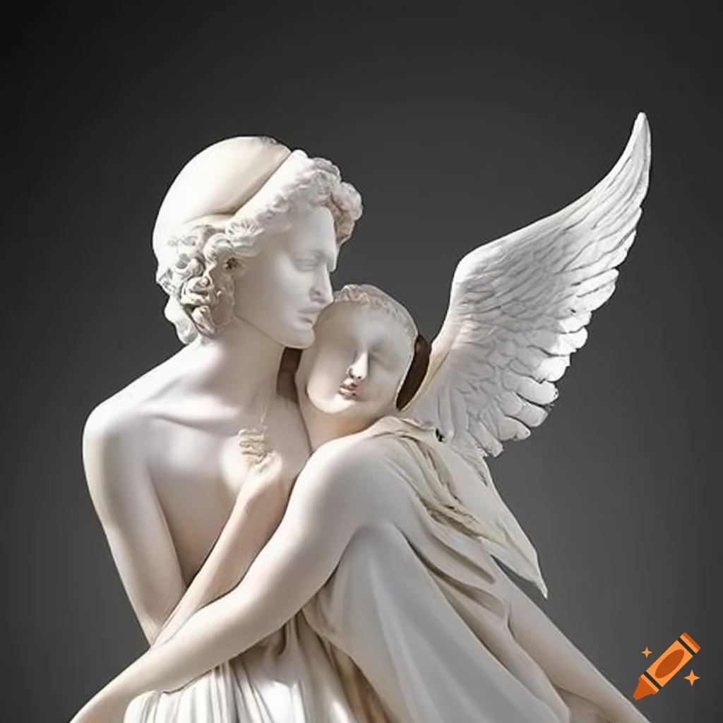 Sculpture of white angels with capes