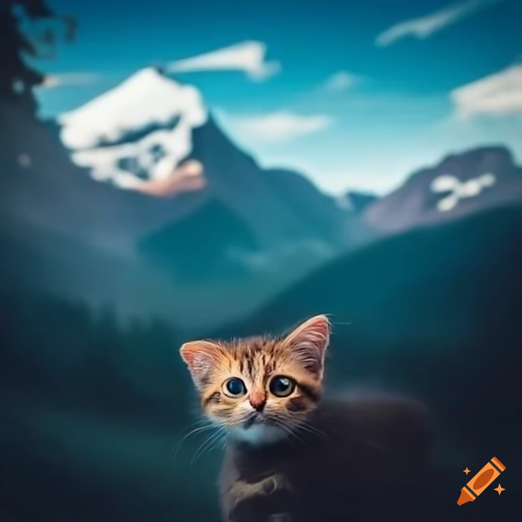 Mountain landscape with a cute kitten