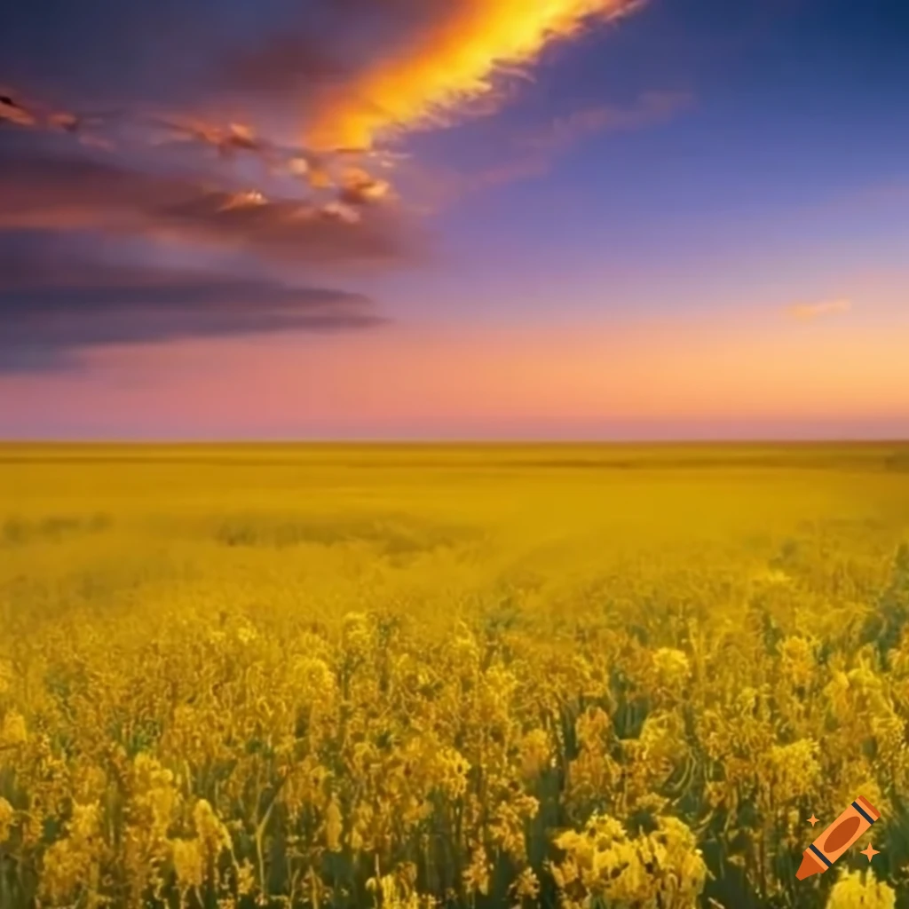 Twilight scene of a golden field of rape seed flowers