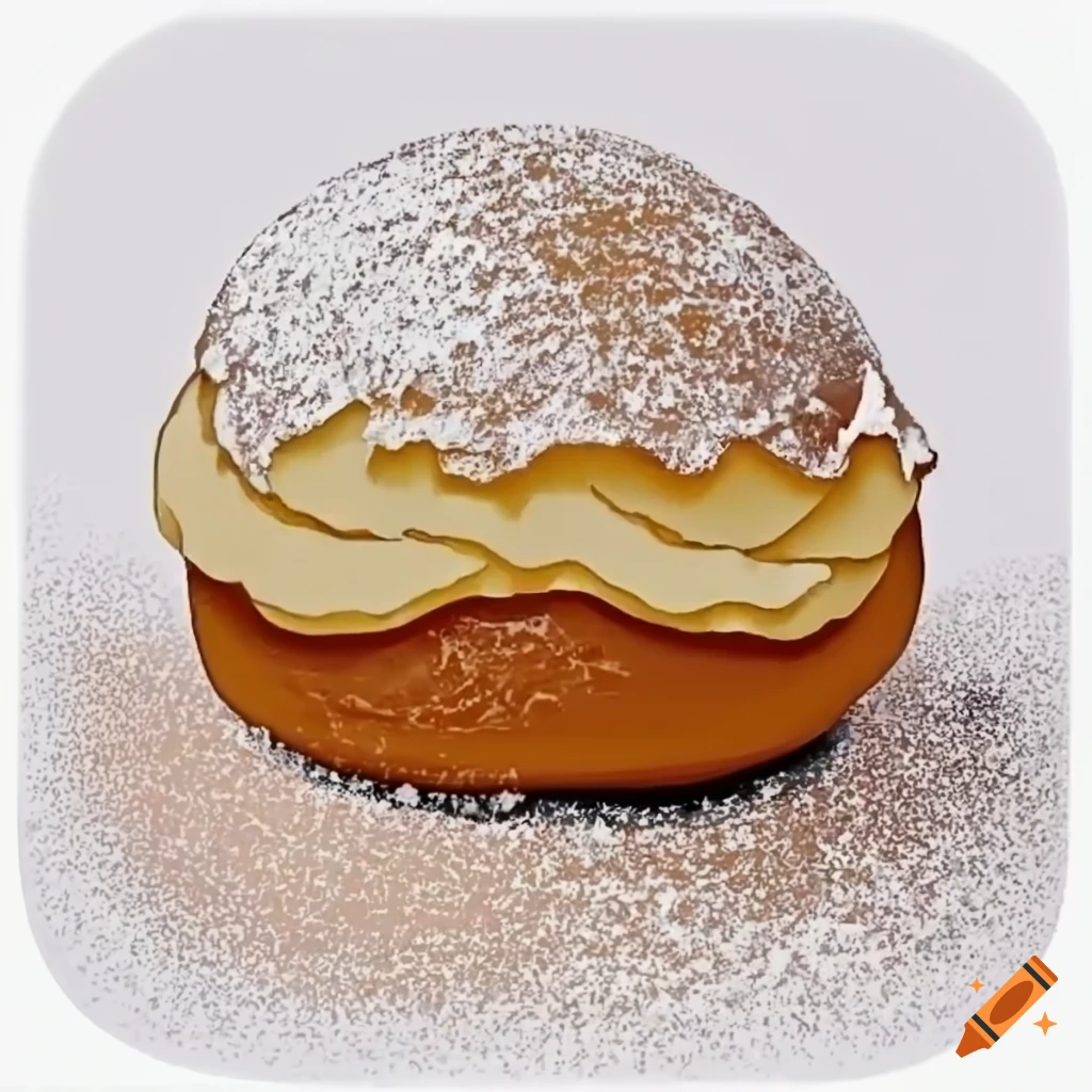 Digital illustration of a swedish semla with powdered sugar on Craiyon