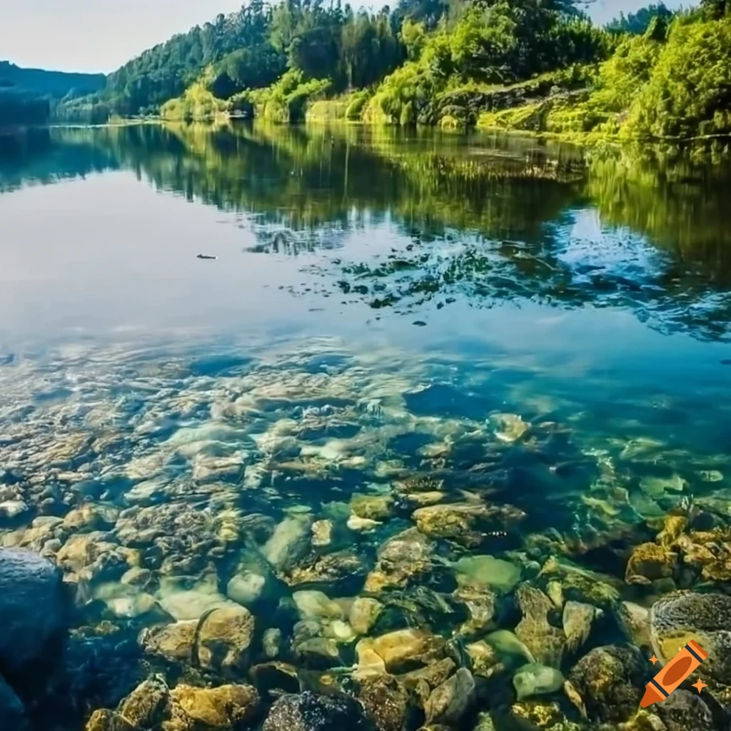 Crystal clear river with rocks and sunlight reflections on Craiyon