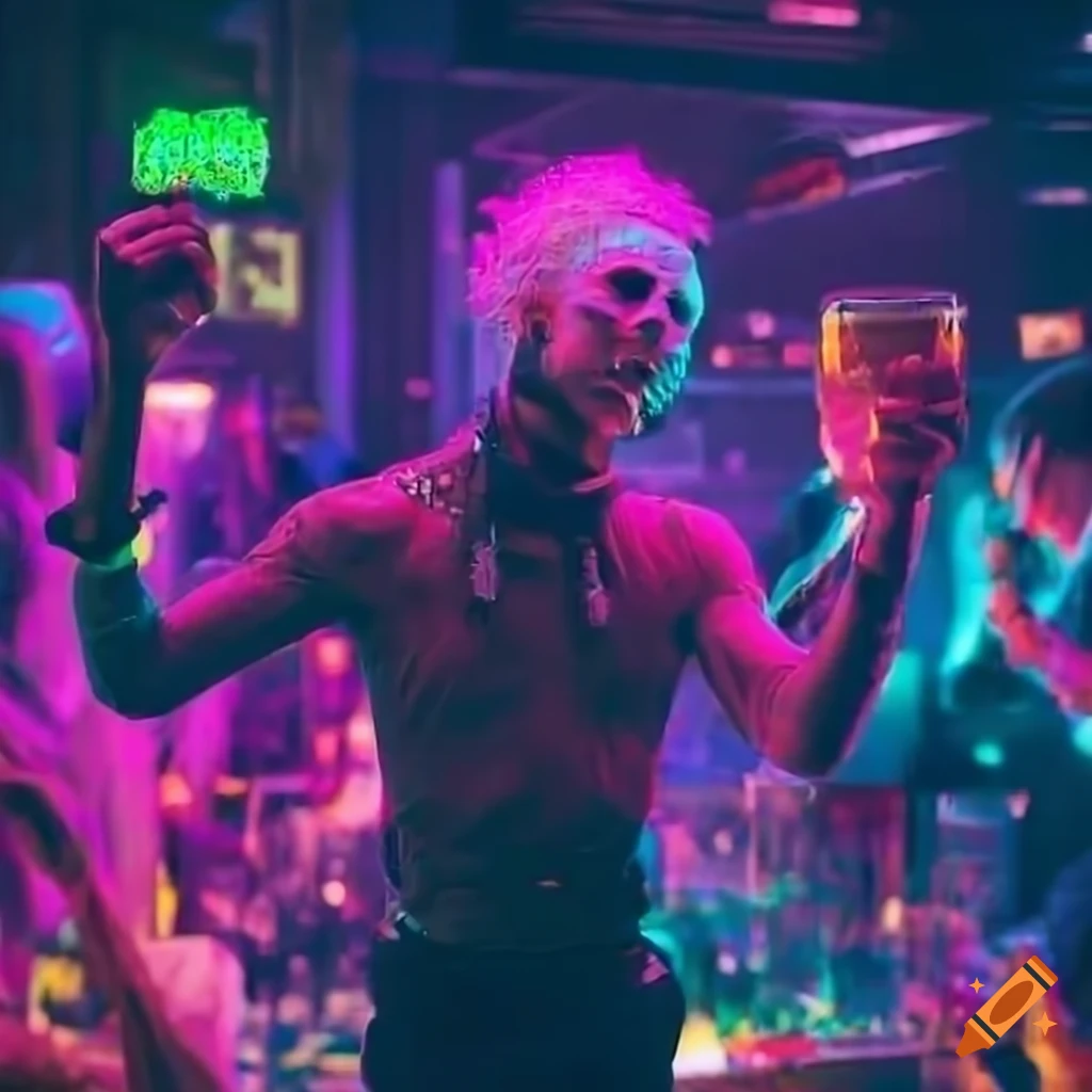 Riff raff performing in a neon night club on Craiyon