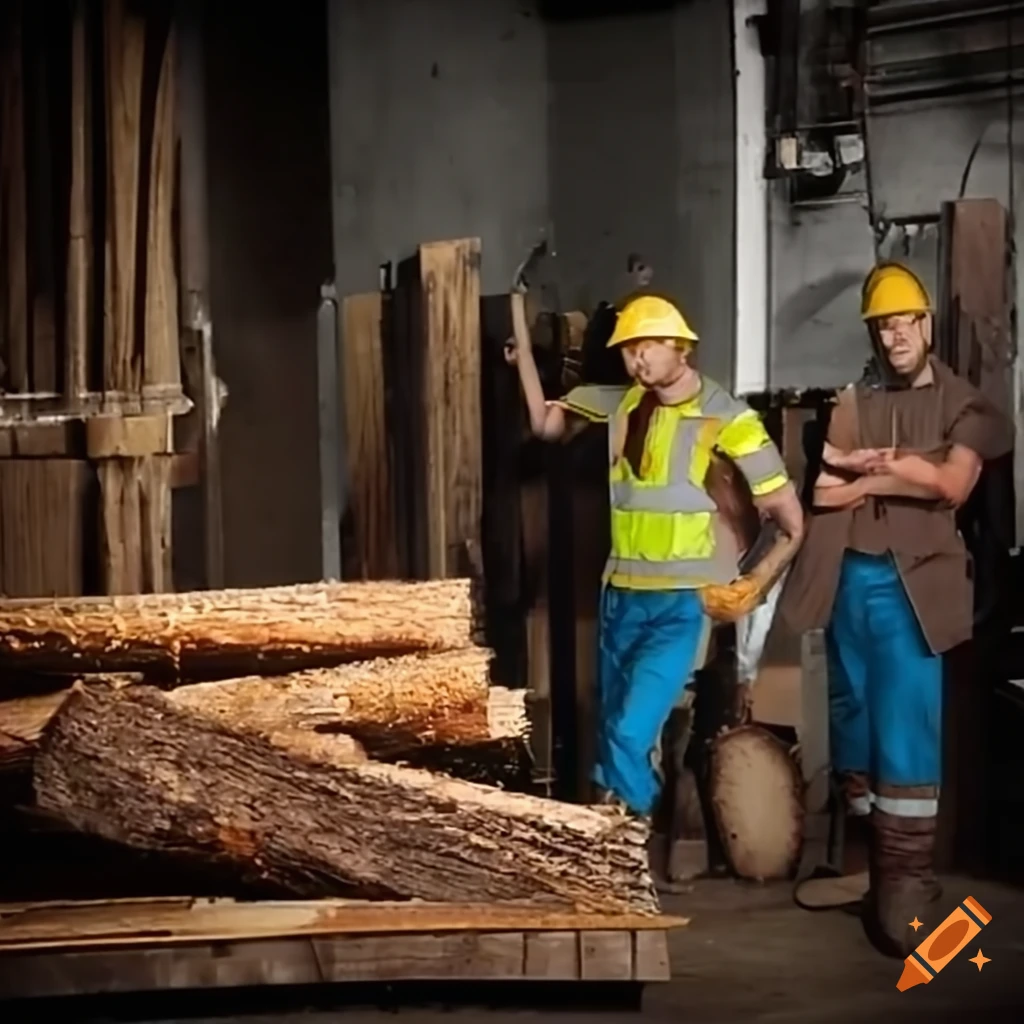 Employees at a sawmill on Craiyon