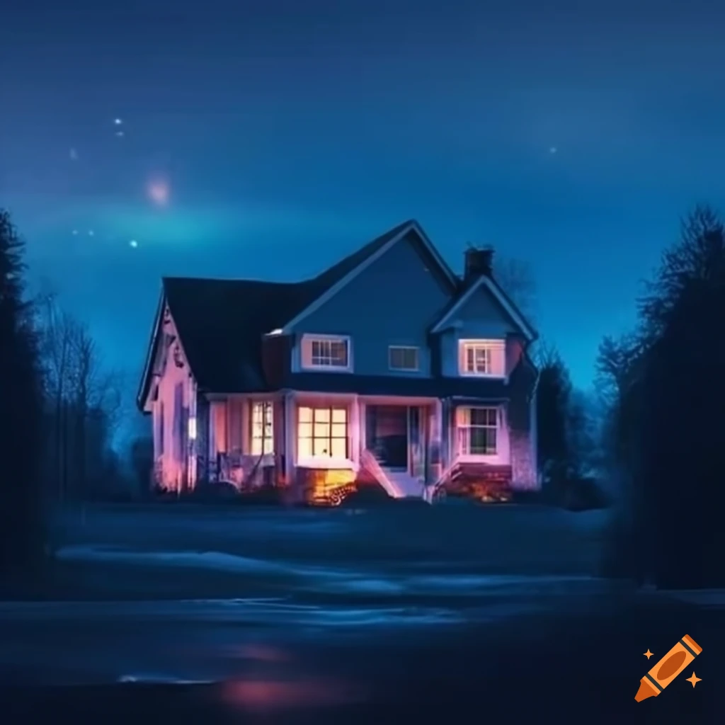 Suburban house at night with lights on on Craiyon