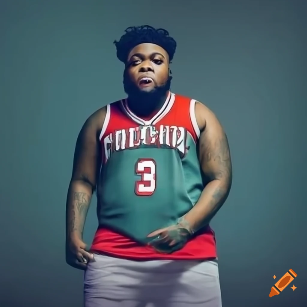 Rod wave performing on stage in a basketball jersey on Craiyon