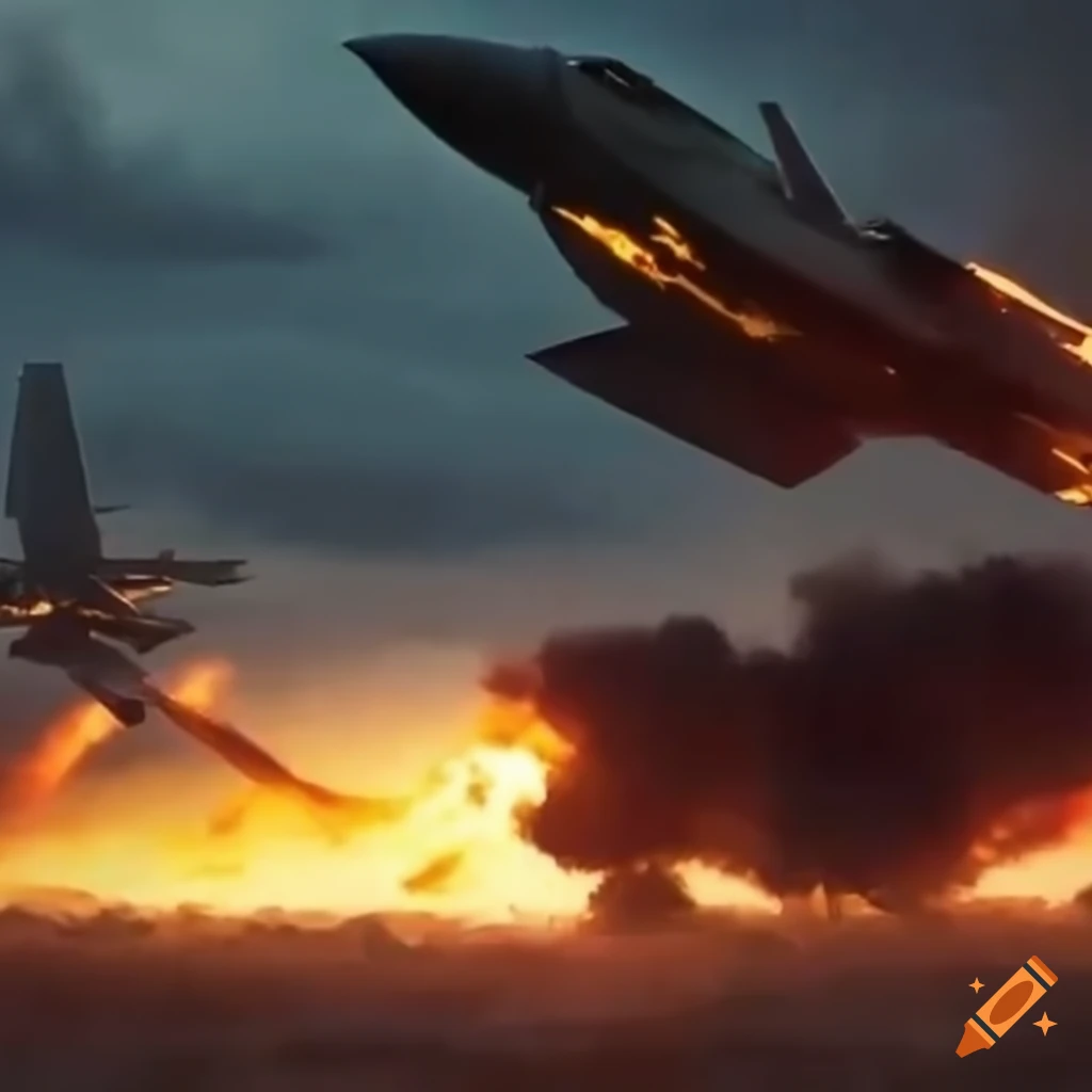 F-35 plane being hit by a missile with fire and explosion on Craiyon