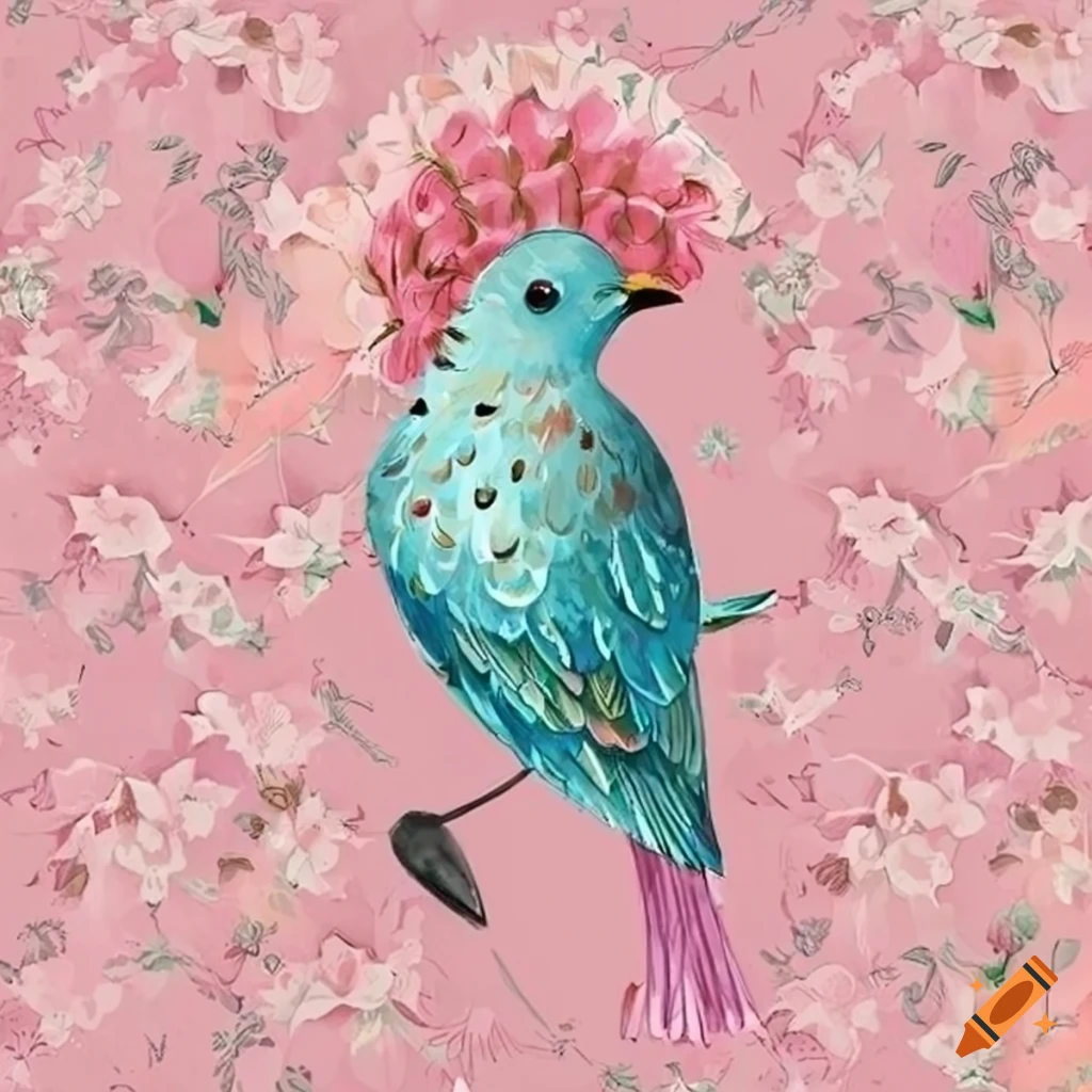 Digital paper with bird illustrations and floral patterns