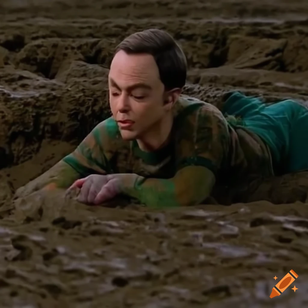 Sheldon cooper from a tv show sleeping in mud on Craiyon