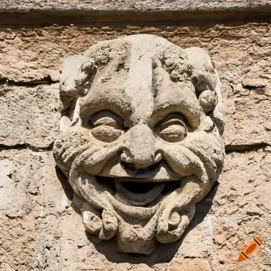 Grotesque stone face on a wall on Craiyon