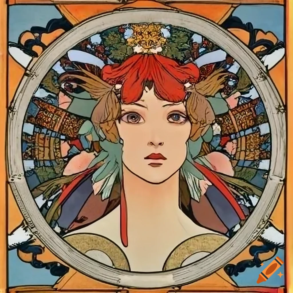 Illustration of a samurai having a picnic in Alphonse Mucha style on ...