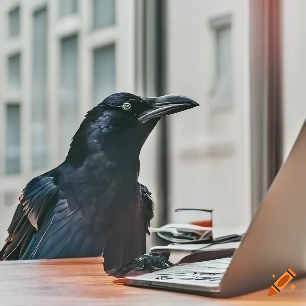 Raven working on a laptop with reading glasses on Craiyon