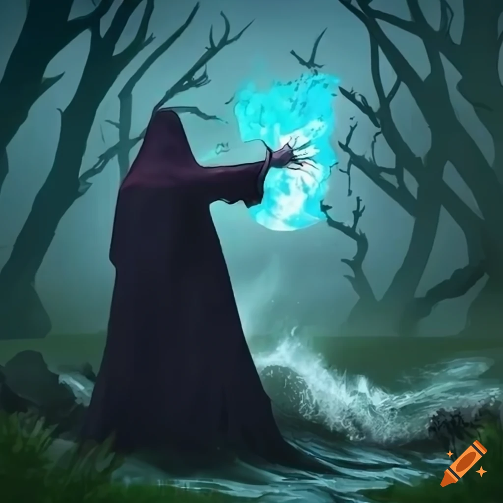 Image of a mage levitating above crashing waves in a forest on Craiyon