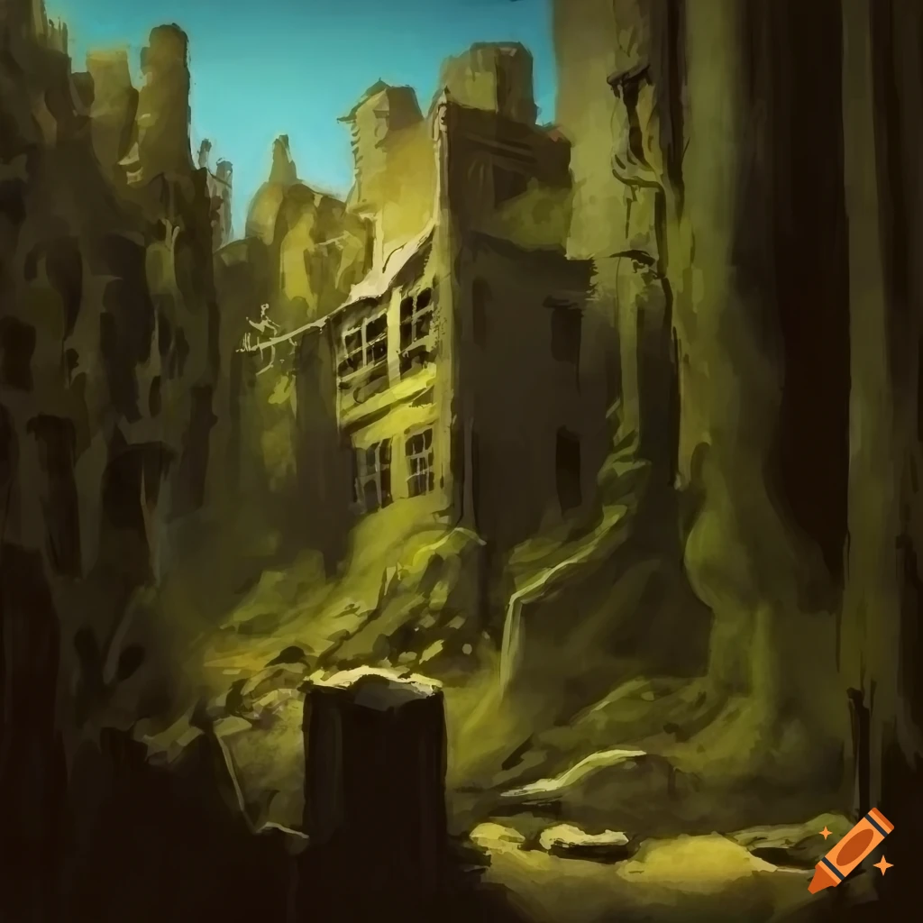 Illustration of overgrown office buildings in a forest on Craiyon