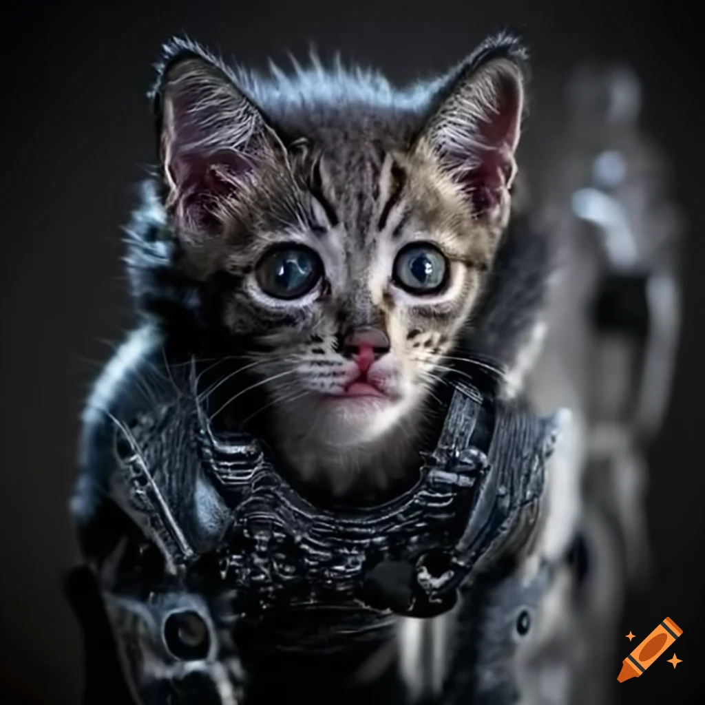 Image of a cute kitten dressed as a terminator