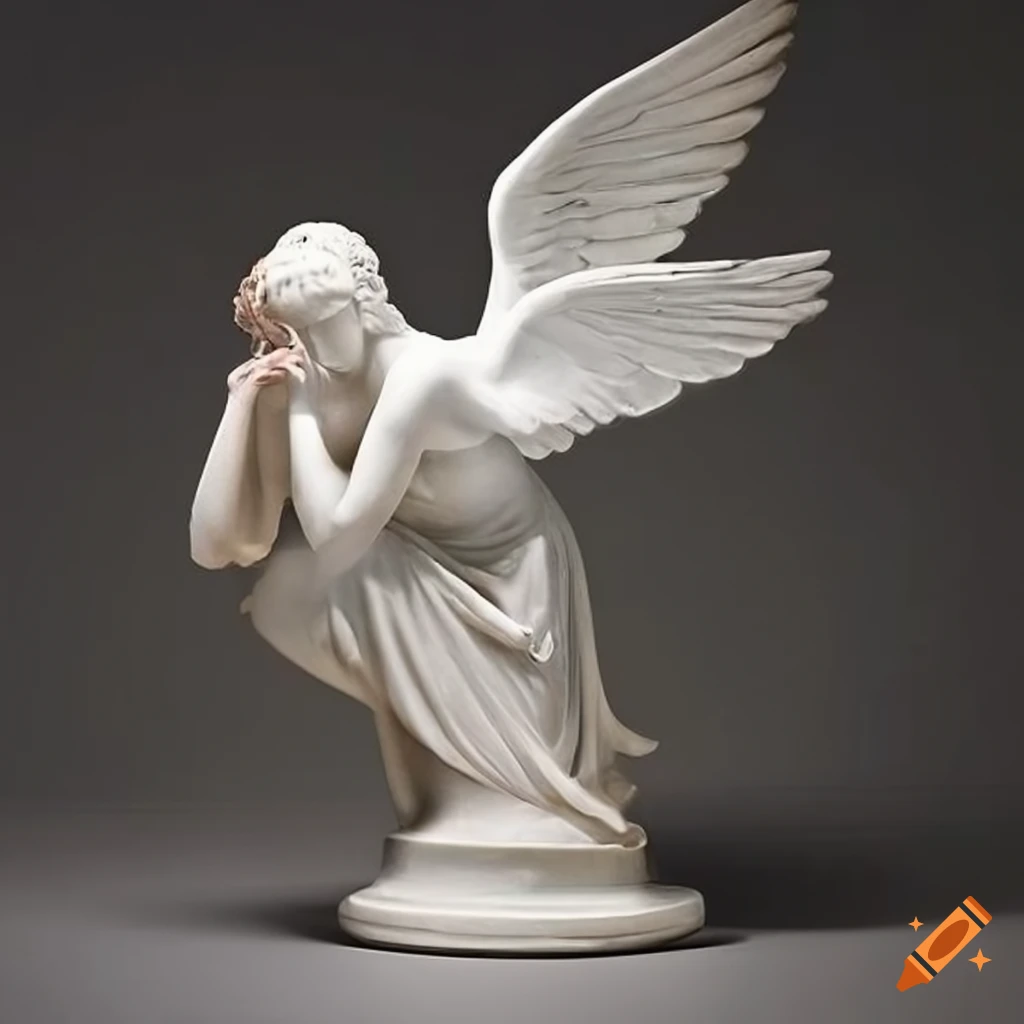 Sculpture of a white angel holding a dove