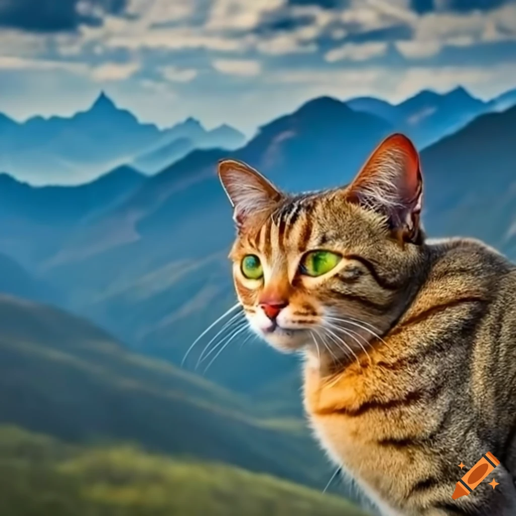Cat admiring mountain landscape