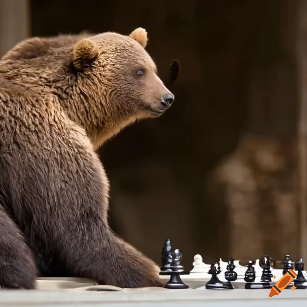 Humorous image of a grizzly bear wearing a lab coat playing chess on ...