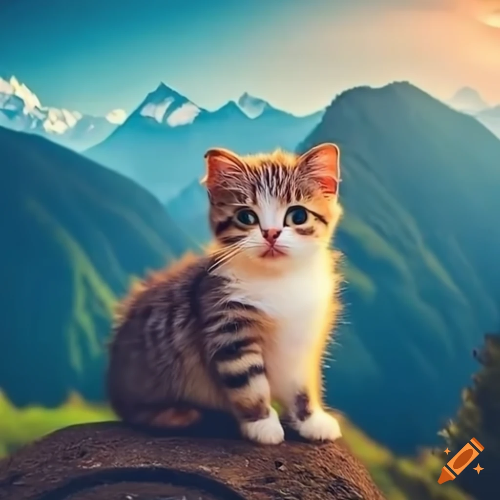 Mountain landscape with a cute kitten