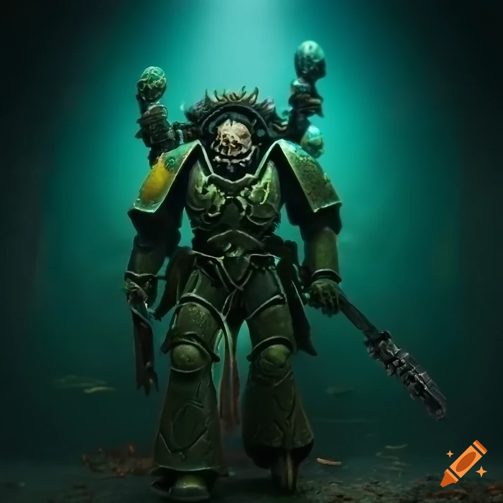 Fantasy art of a death guard marine in an ocean-themed setting on Craiyon
