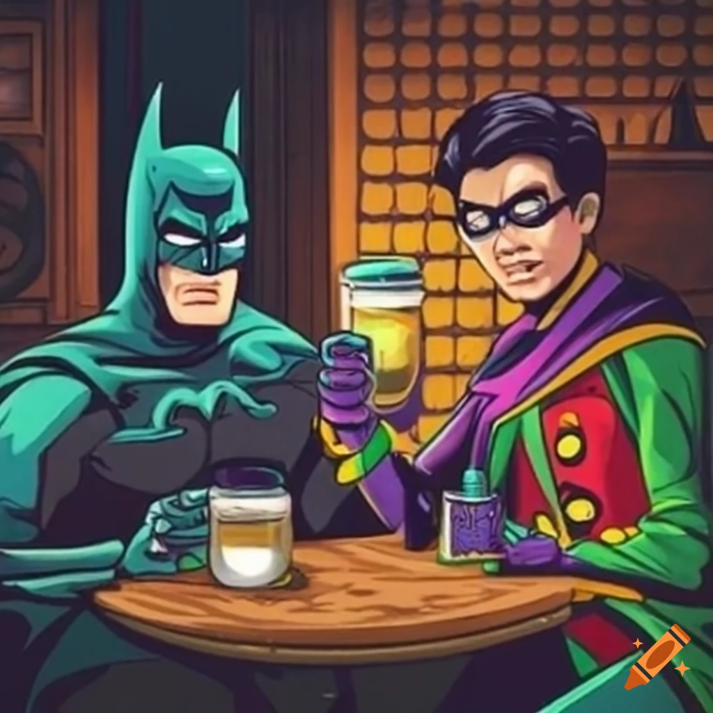 Batman and robin enjoying drinks at an irish pub