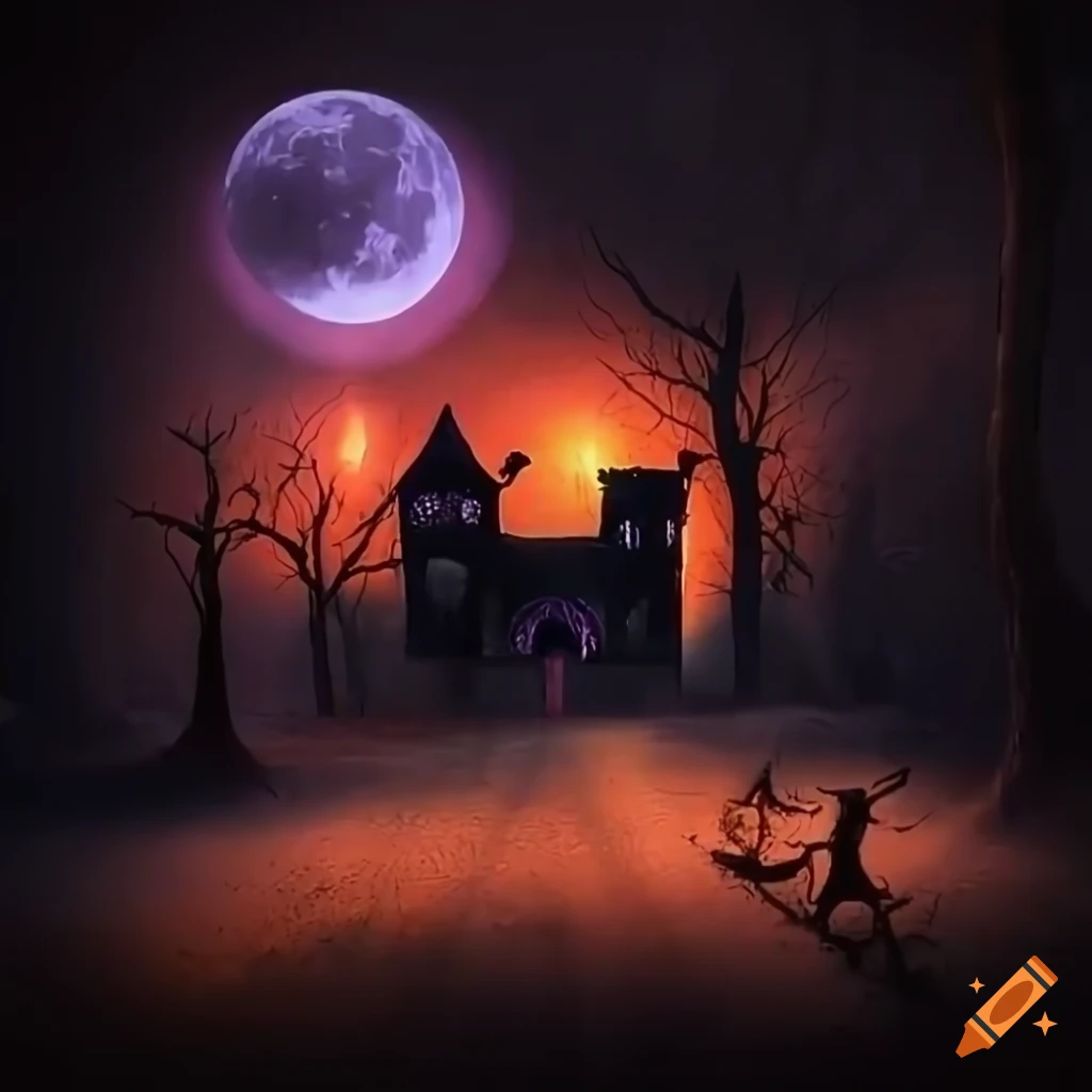 Spooky halloween scene with ghosts, bats, and skeletons on Craiyon