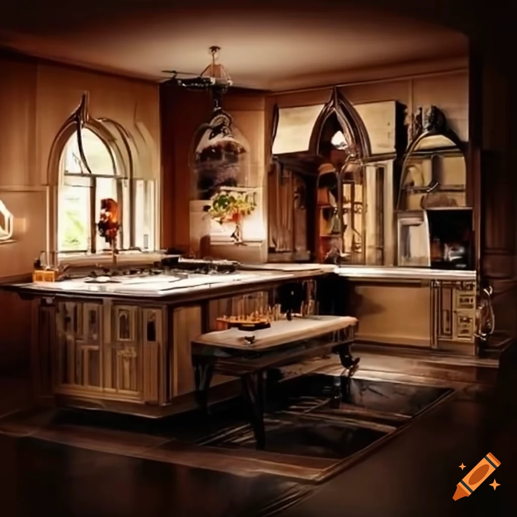 Carpenter gothic cottage kitchen with dark wood cabinets and periwinkle ...