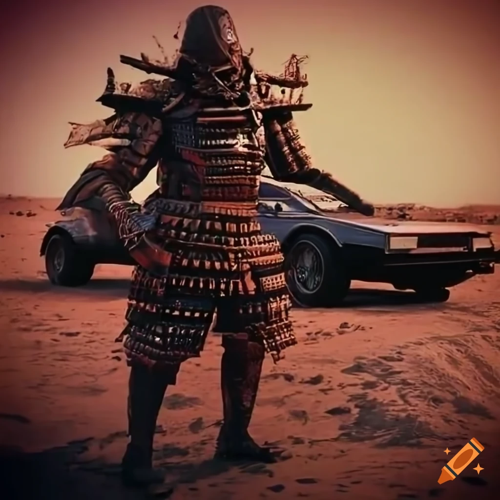 Cinematic still from Mad Max: Fury Road with a cyberpunk samurai guard ...