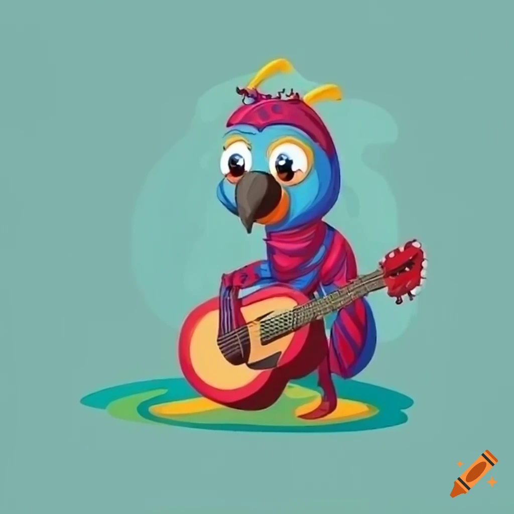 Cartoon bug and parrot playing instruments