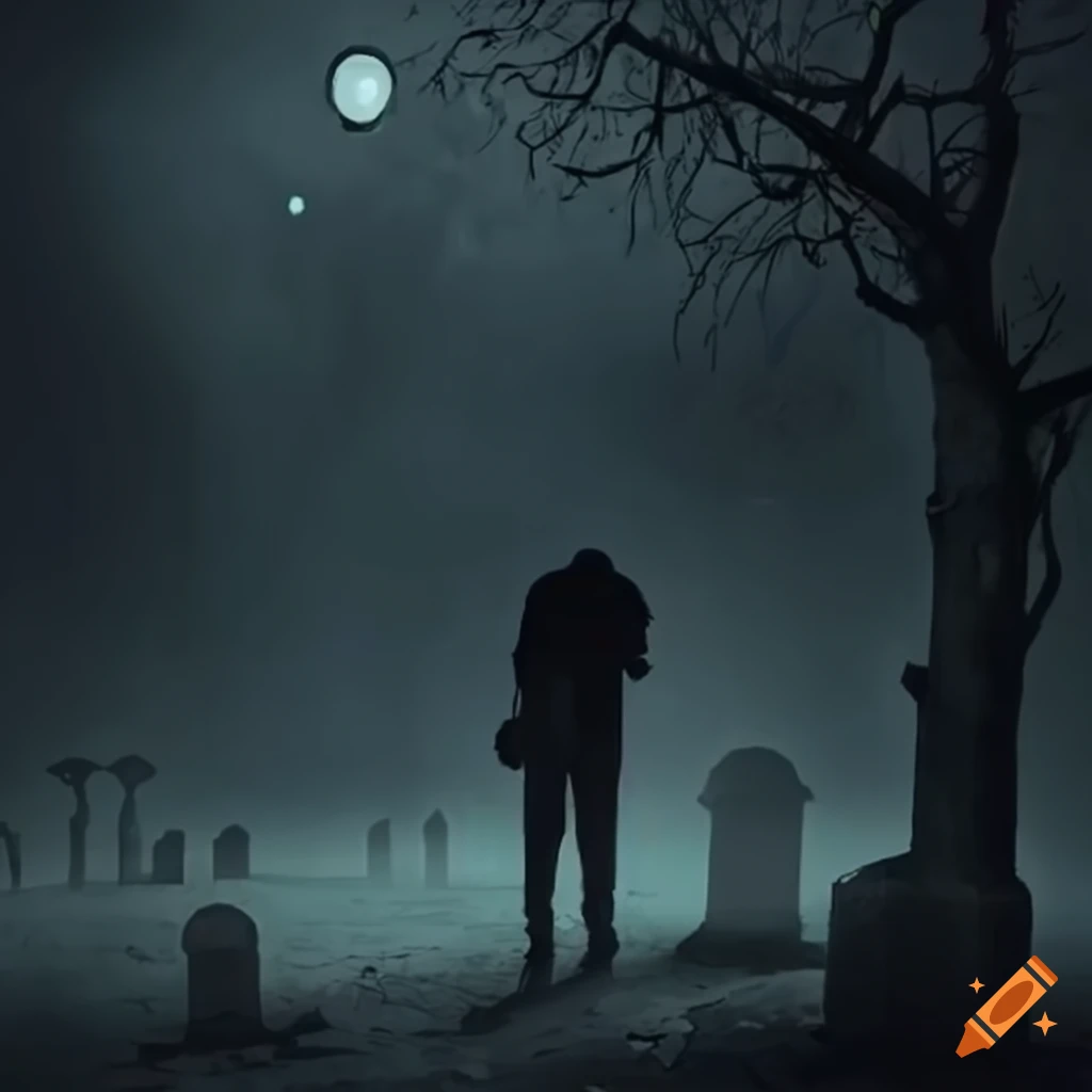 Person standing at a grave at night