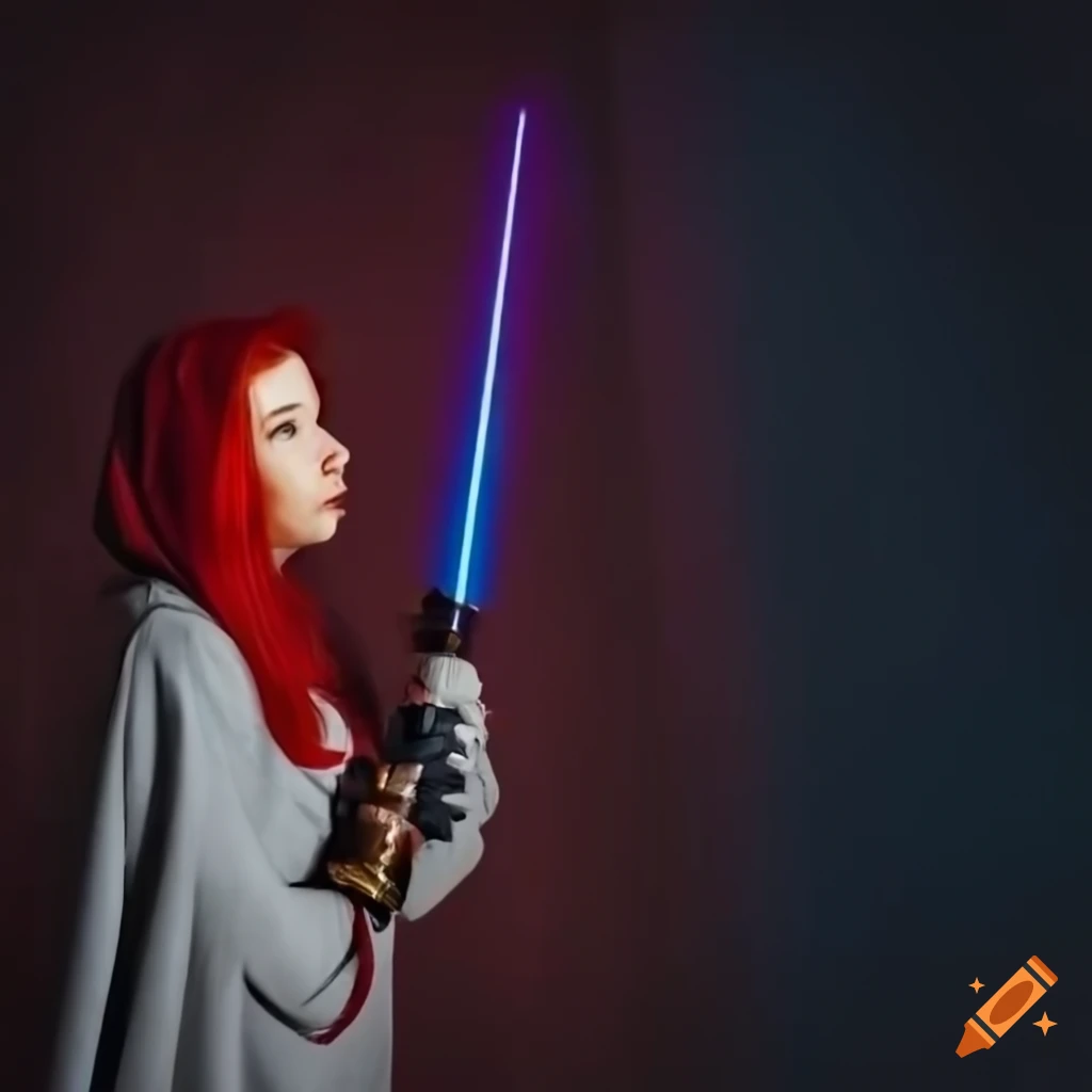 Brunette curly haired jedi in blue robes wielding a purple lightsaber ...