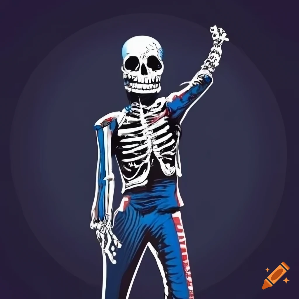 Illustration of a skeleton dressed in a nascar jumpsuit on Craiyon