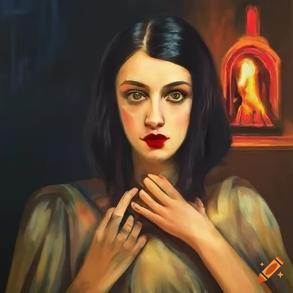 Haunting portrait of a brunette woman by the fireside on Craiyon