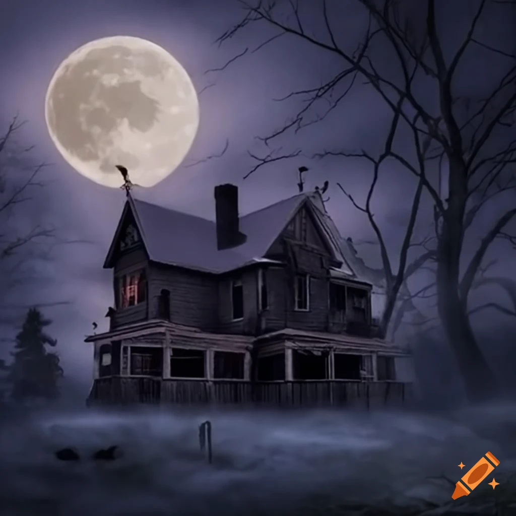 Haunted house with werewolf under full moon on Craiyon