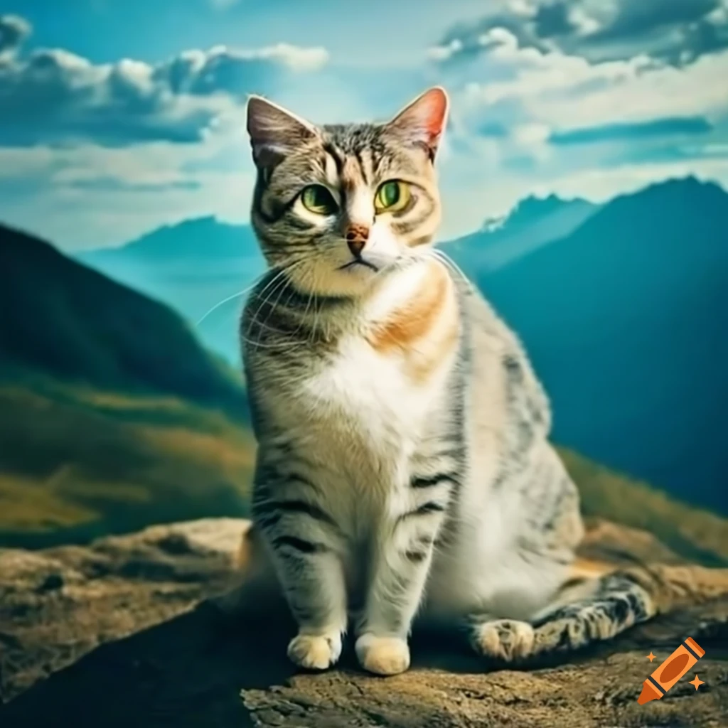 Cat admiring a beautiful mountain landscape on Craiyon