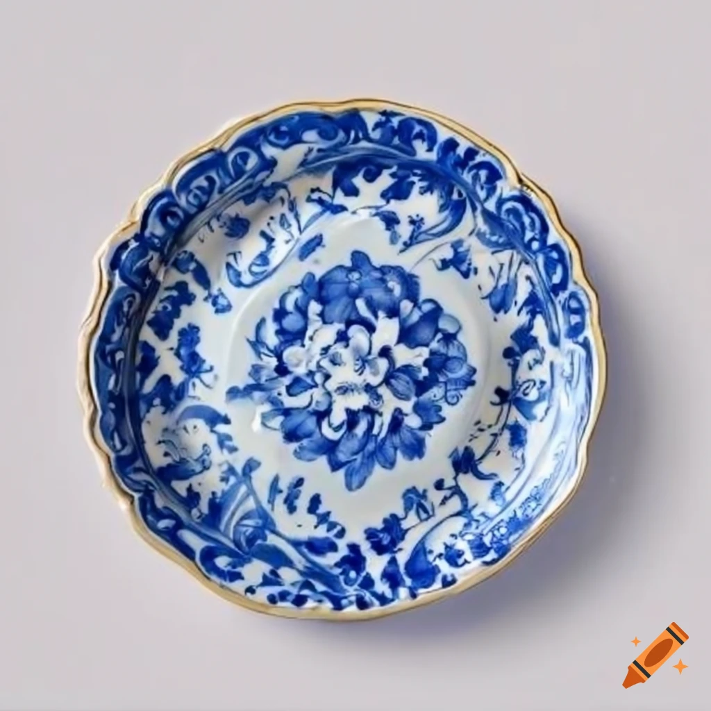 Blue rococo plate with white flower relief