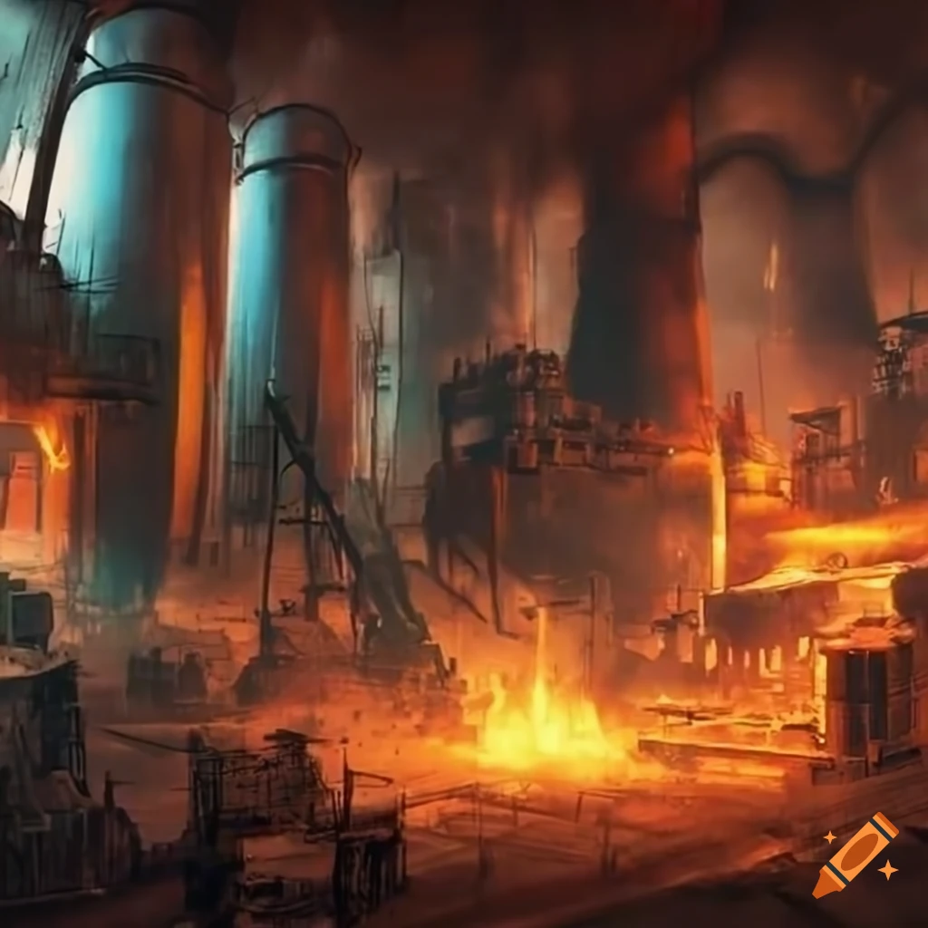 Dieselpunk style factory with blazing furnaces on Craiyon