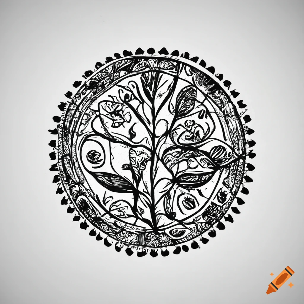 Black and white line art of a medieval stamp signet with a stylized ...