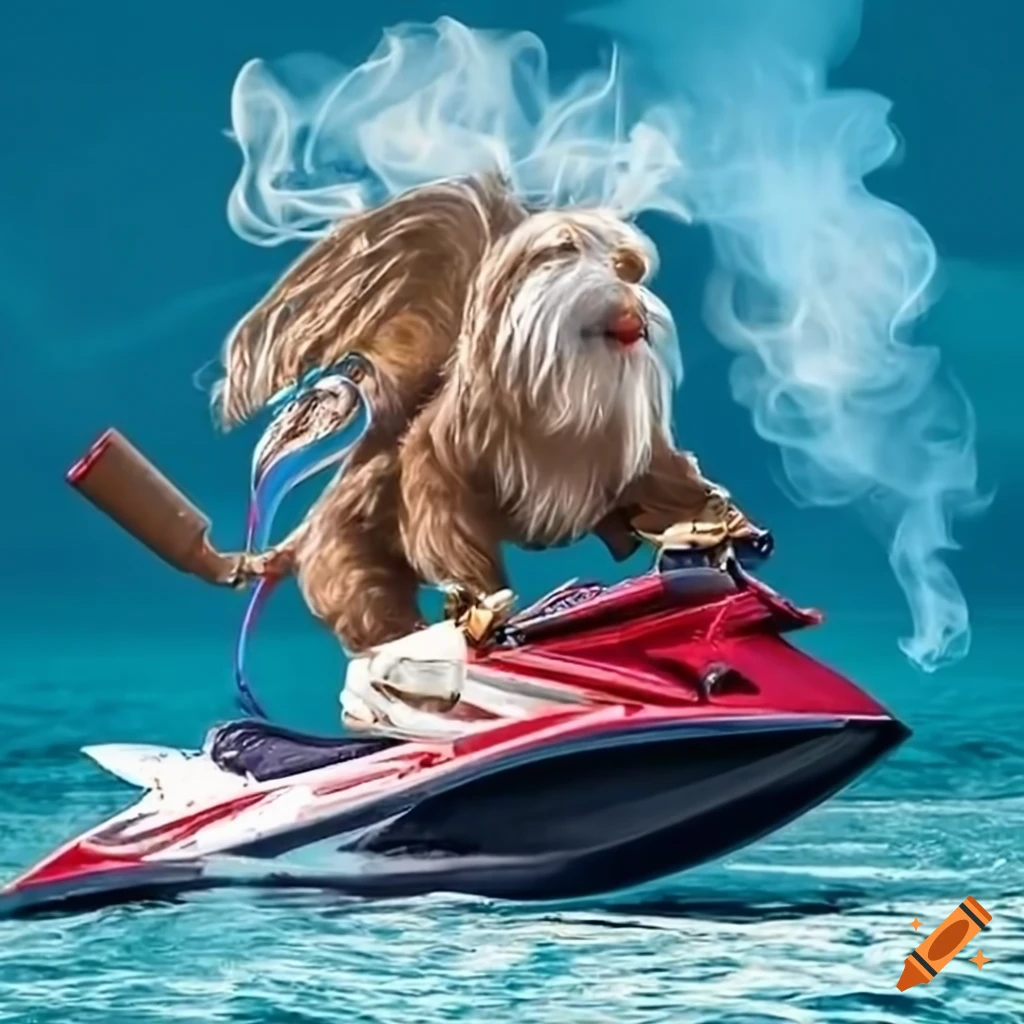 Griffon smoking a cigarette while riding a jet ski on Craiyon