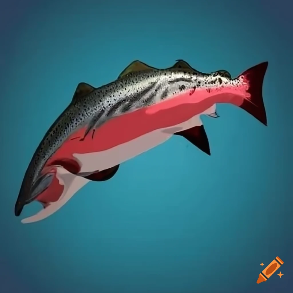 Artistic depiction of a salmon leaping from a river on Craiyon