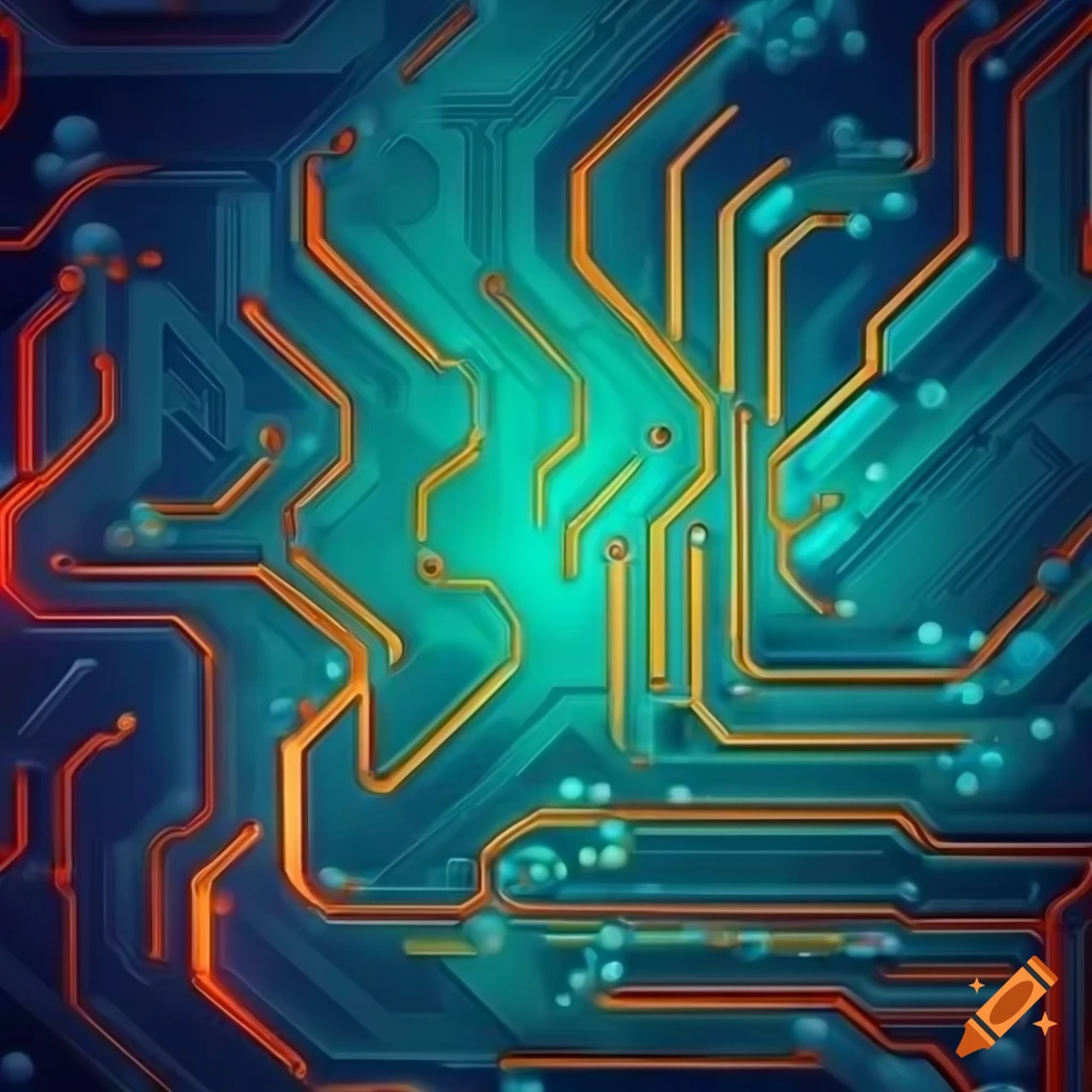 Circuit board on a dark blue and orange cyan background on Craiyon