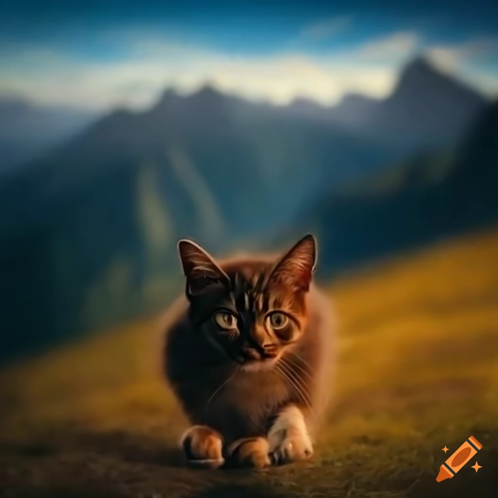 Mountain landscape with a cute kitten